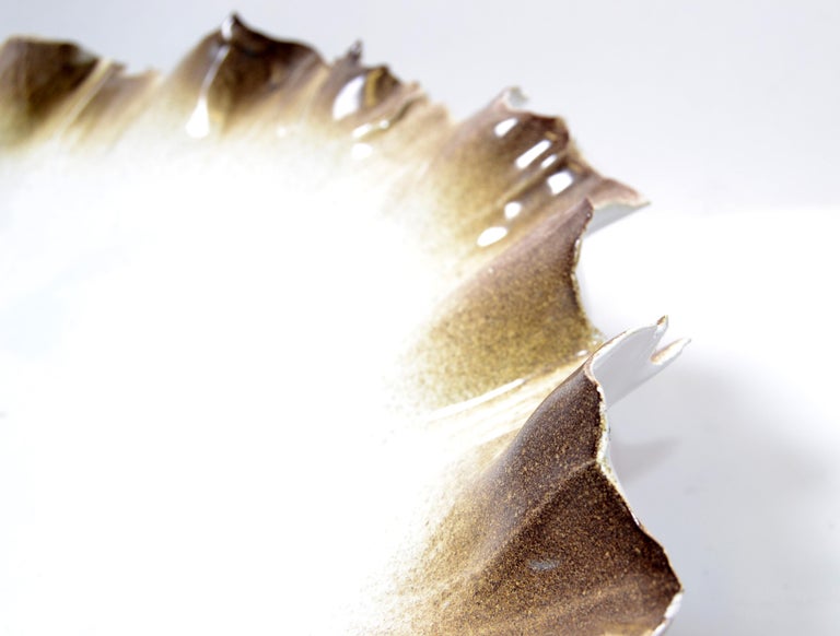 Signed Large Glazed Ceramic Seashell Bowl Centerpiece in White and Sand ...