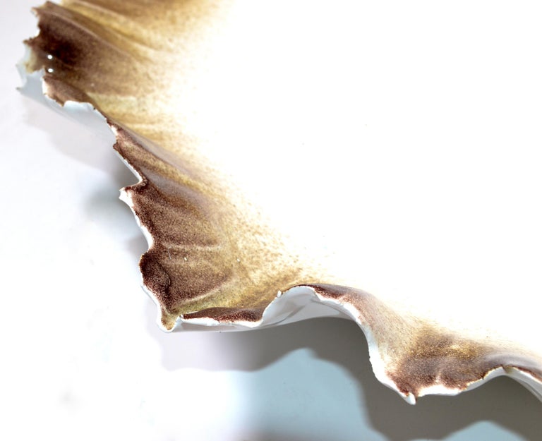 Signed Large Glazed Ceramic Seashell Bowl Centerpiece in White and Sand ...