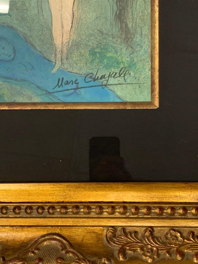 Signed Marc Chagall "Chloe's Kiss" Lithograph in Giltwood Frame with ...