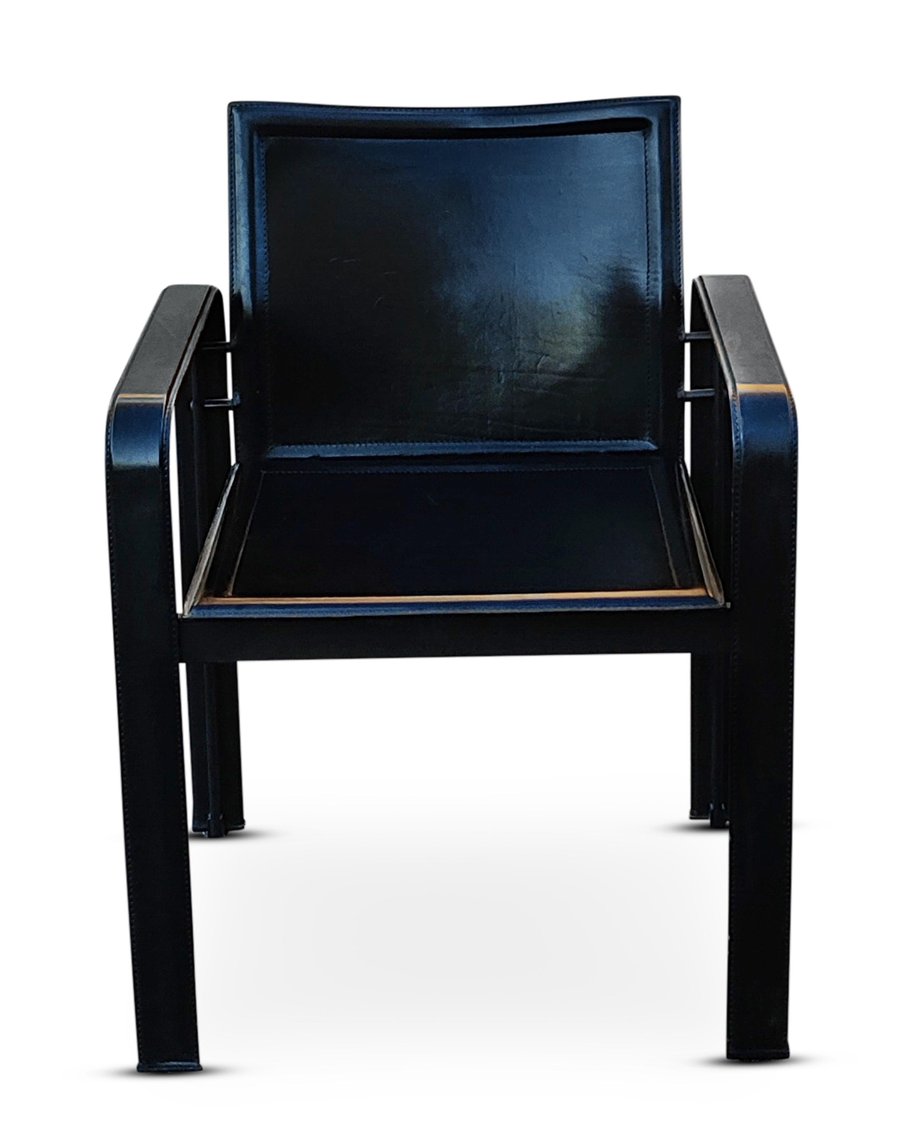 Signed Matteo Grassi Set of Six Black Leather Chairs 2 Armchairs 4 Side ...