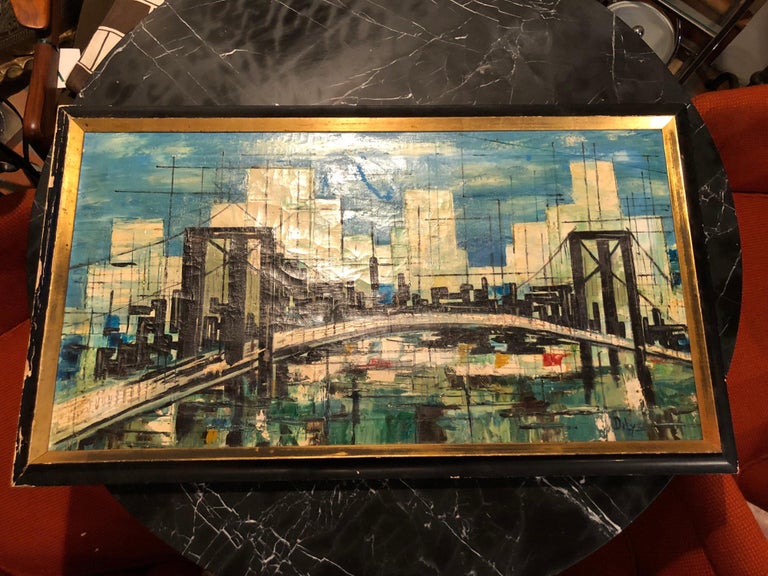 Signed Mid-Century Modern Cityscape Oil on Canvas For Sale at 1stDibs