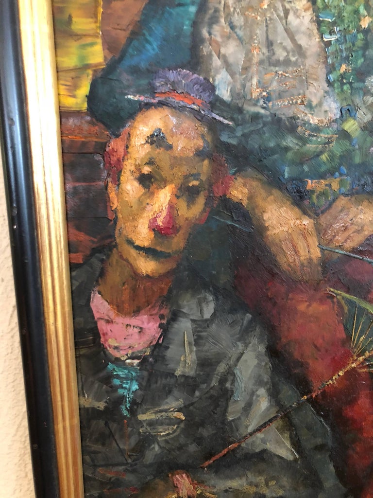 Signed Mid Century Painting of Clowns by George Russin For Sale at 1stDibs