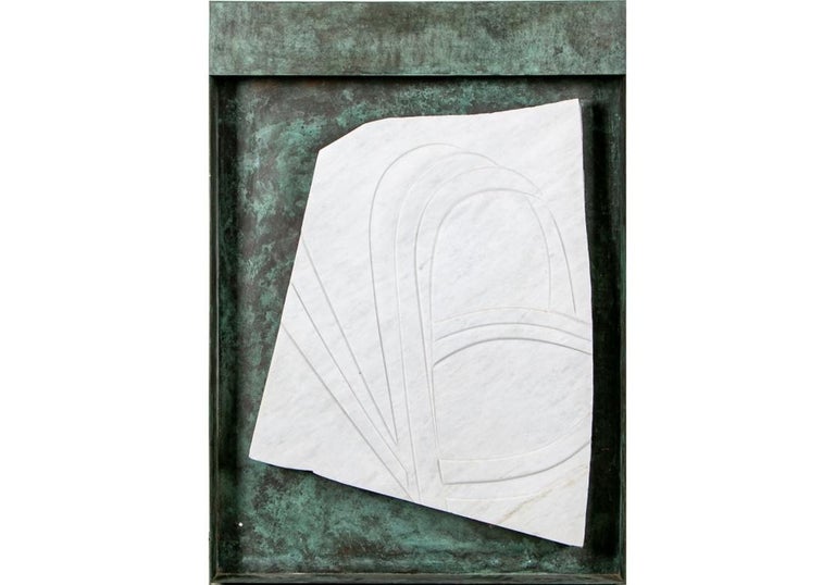 Signed Modern Marble Relief Sculpture Within a Verdigris Copper Frame ...