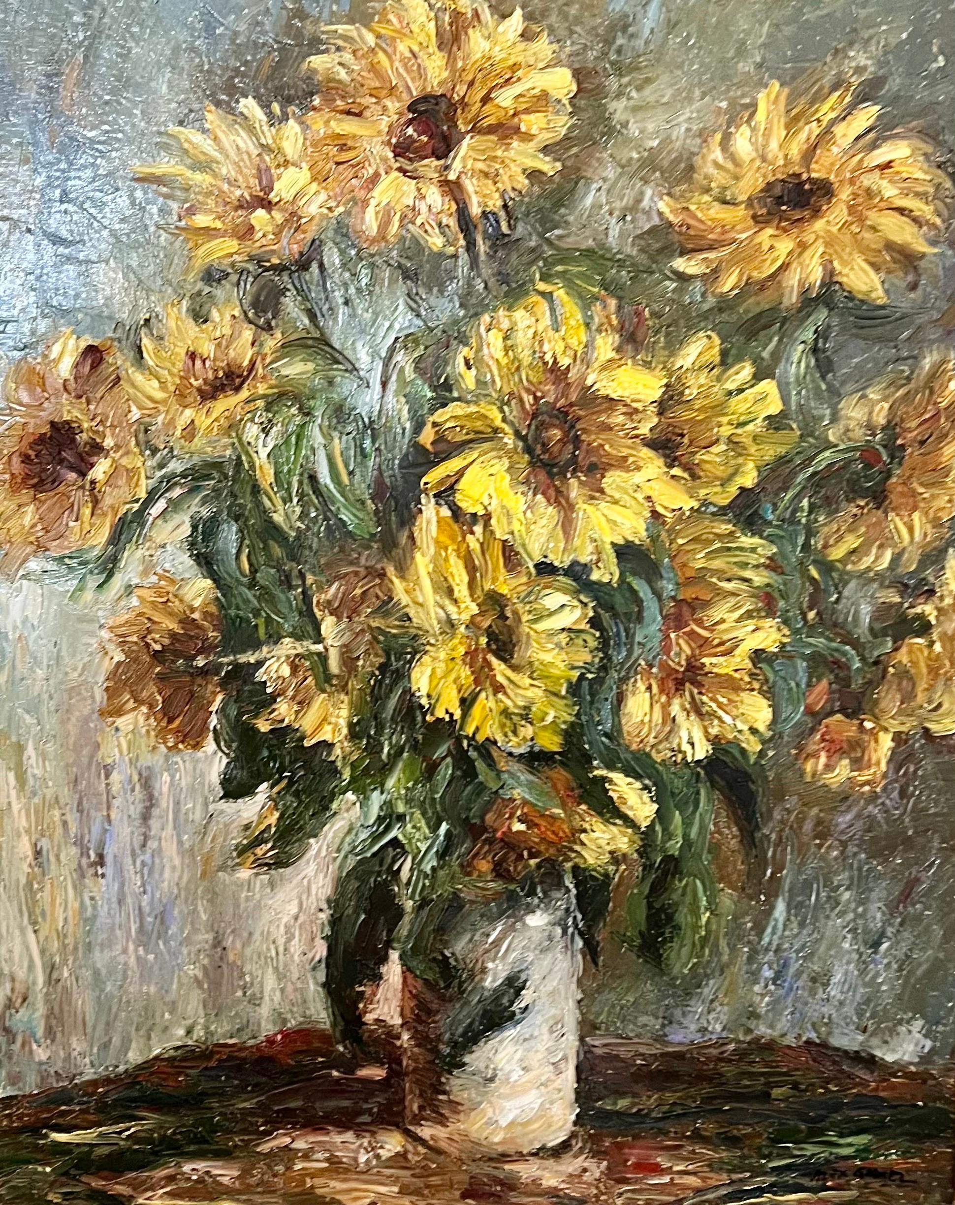 Signed Original Impressionist Oil Painting of Sunflowers Daisies Mid ...