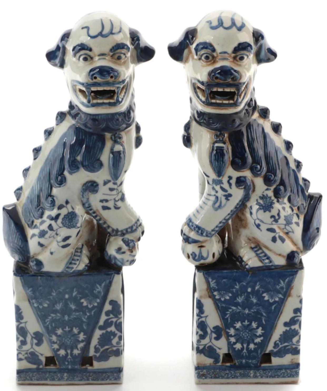 Signed Pair of White and Blue Glazed Porcelain Chinese Foo Dogs. For ...