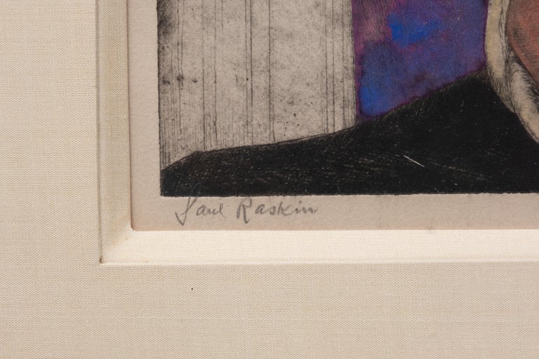 Signed Saul Raski, 'Adam and Eve'. Hand Colored Etching For Sale at 1stDibs