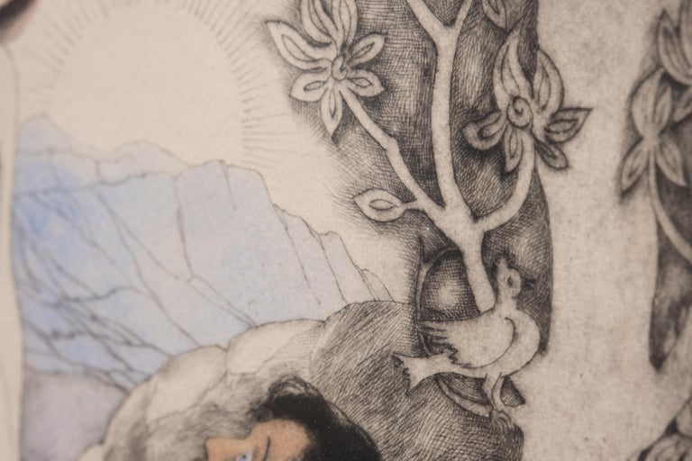 Signed Saul Raski, 'Adam and Eve'. Hand Colored Etching For Sale at 1stDibs