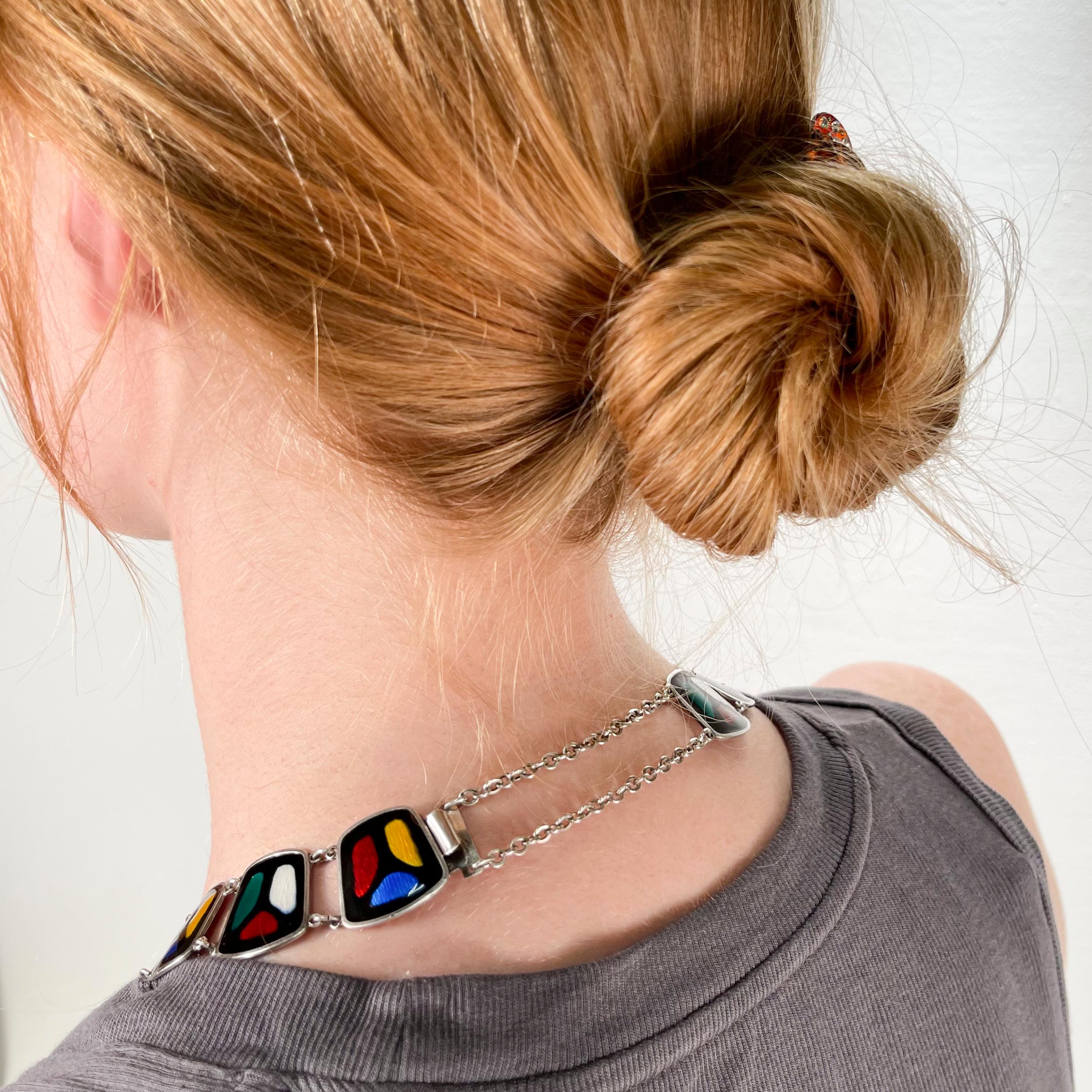 Signed Scandinavian Modern Sterling Silver and Enamel Necklace by Knut ...