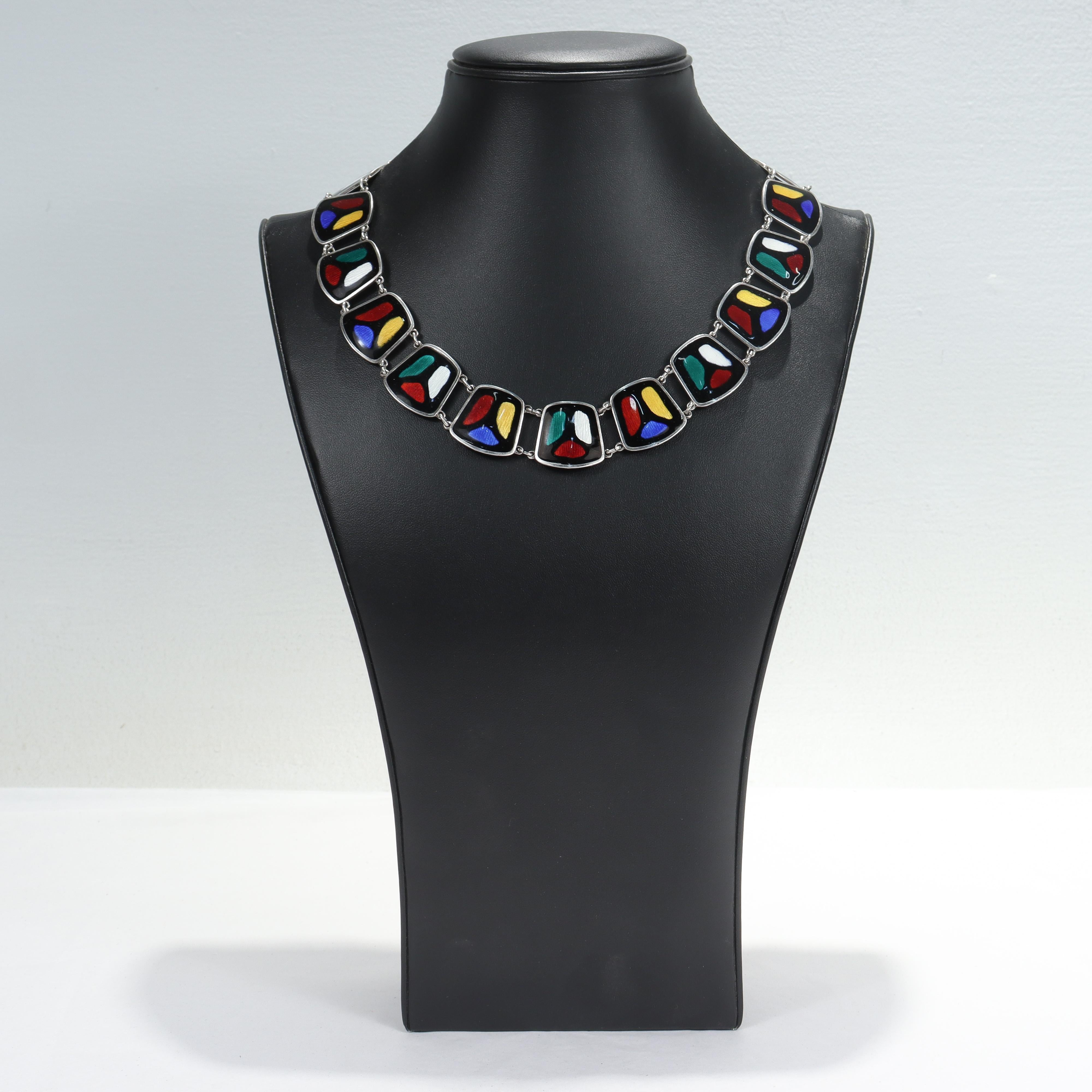 Signed Scandinavian Modern Sterling Silver and Enamel Necklace by Knut ...