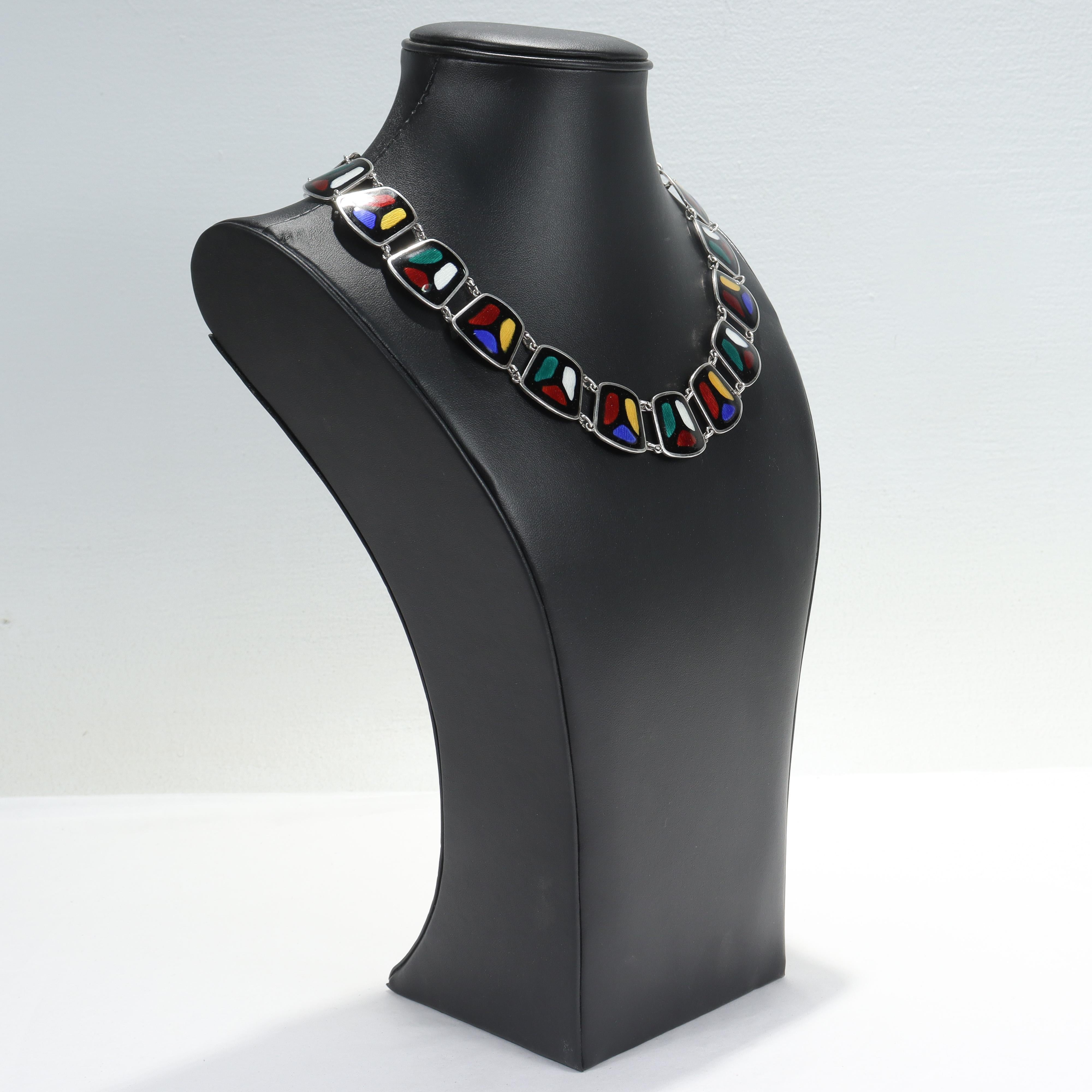 Signed Scandinavian Modern Sterling Silver and Enamel Necklace by Knut ...