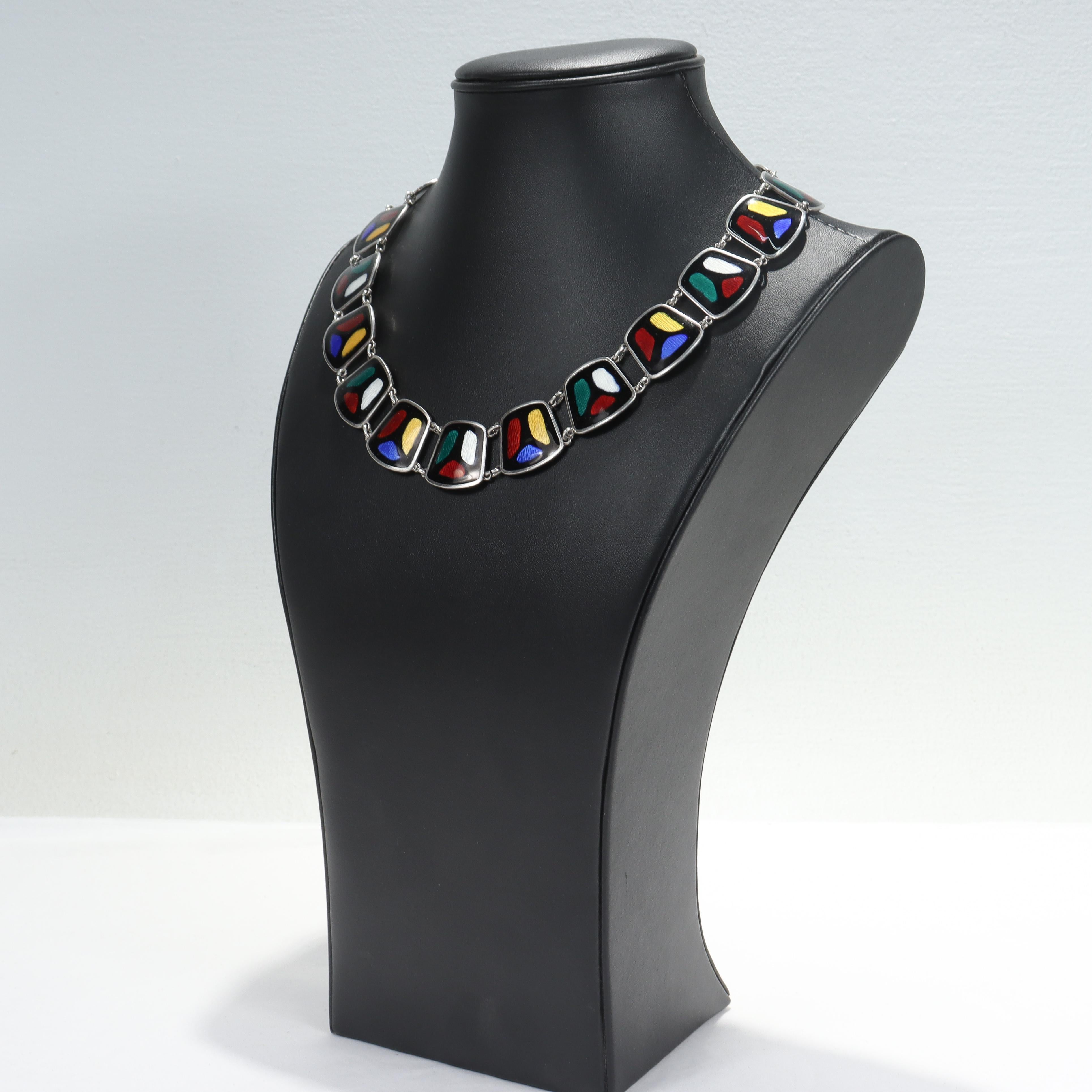 Signed Scandinavian Modern Sterling Silver and Enamel Necklace by Knut ...