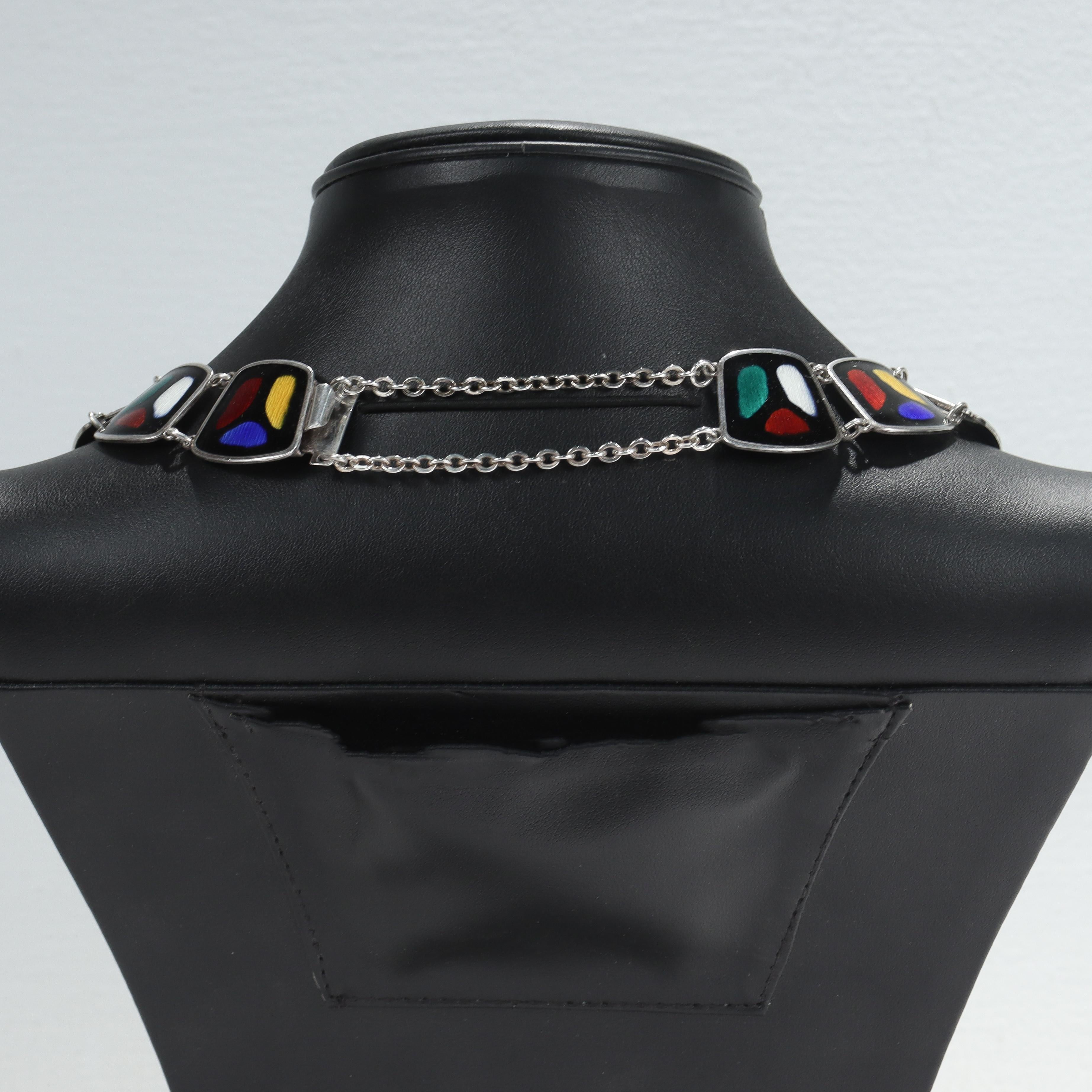 Signed Scandinavian Modern Sterling Silver and Enamel Necklace by Knut ...