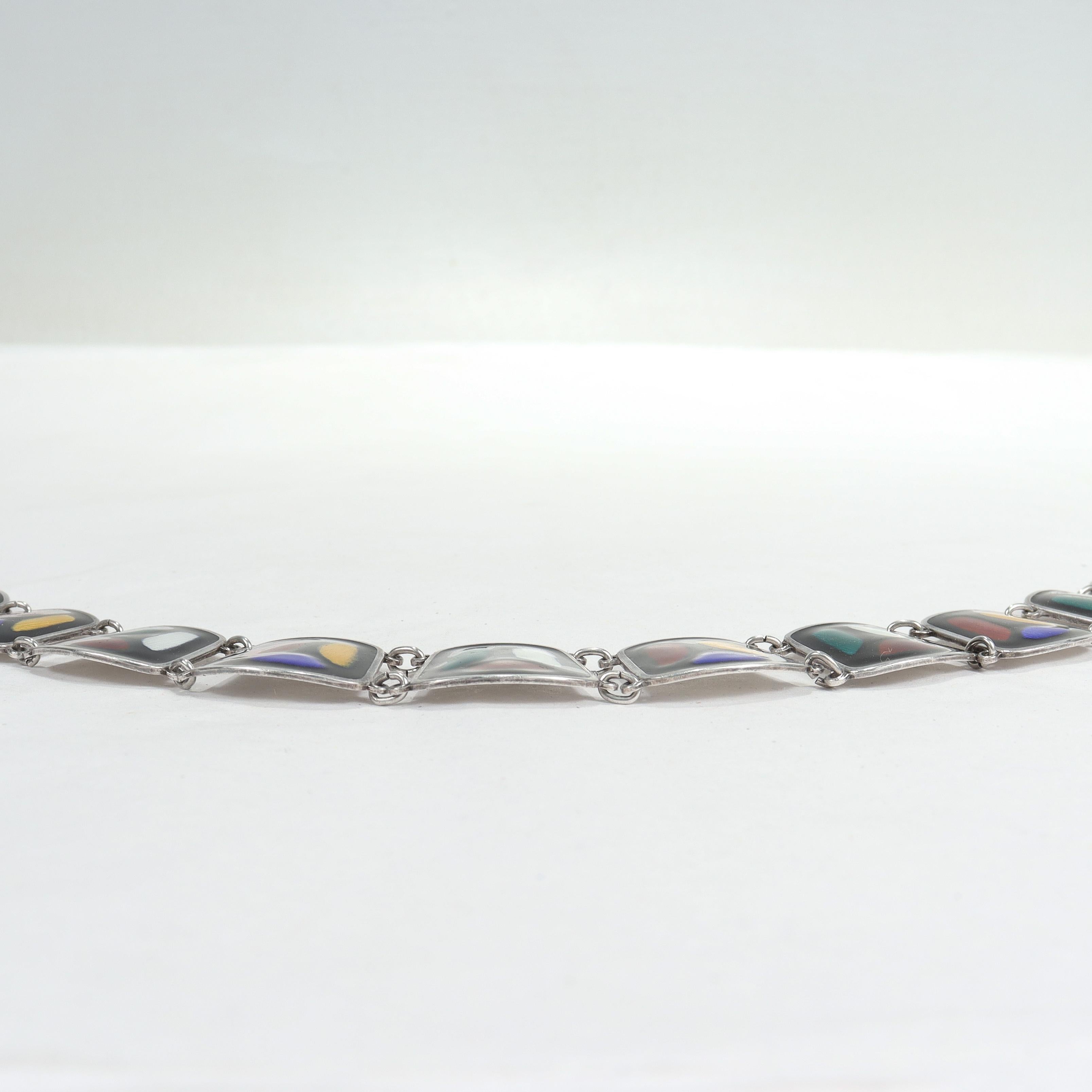 Signed Scandinavian Modern Sterling Silver and Enamel Necklace by Knut ...