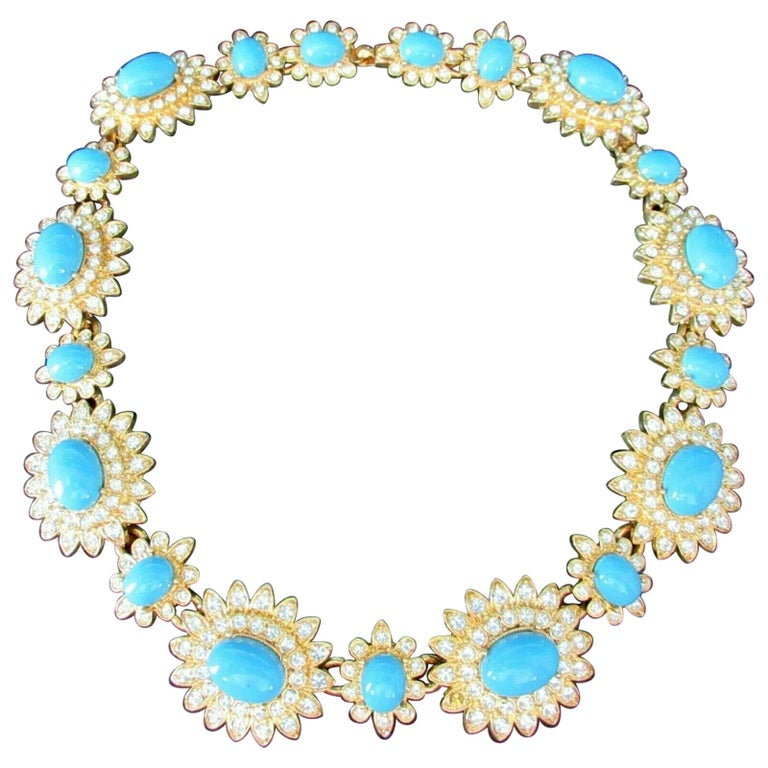 Signed SCASSI Designer Faux Turquoise Sparkling Ice Crystal Floral Link ...