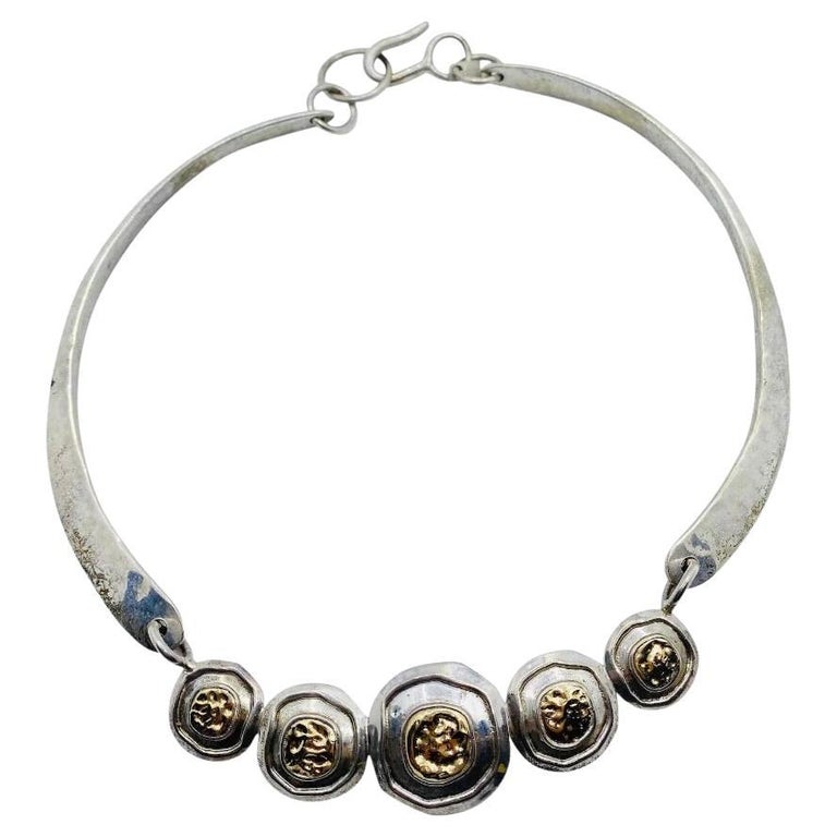 Signed Sterling Silver and 14k Gold Abstract Necklace For Sale at 1stDibs