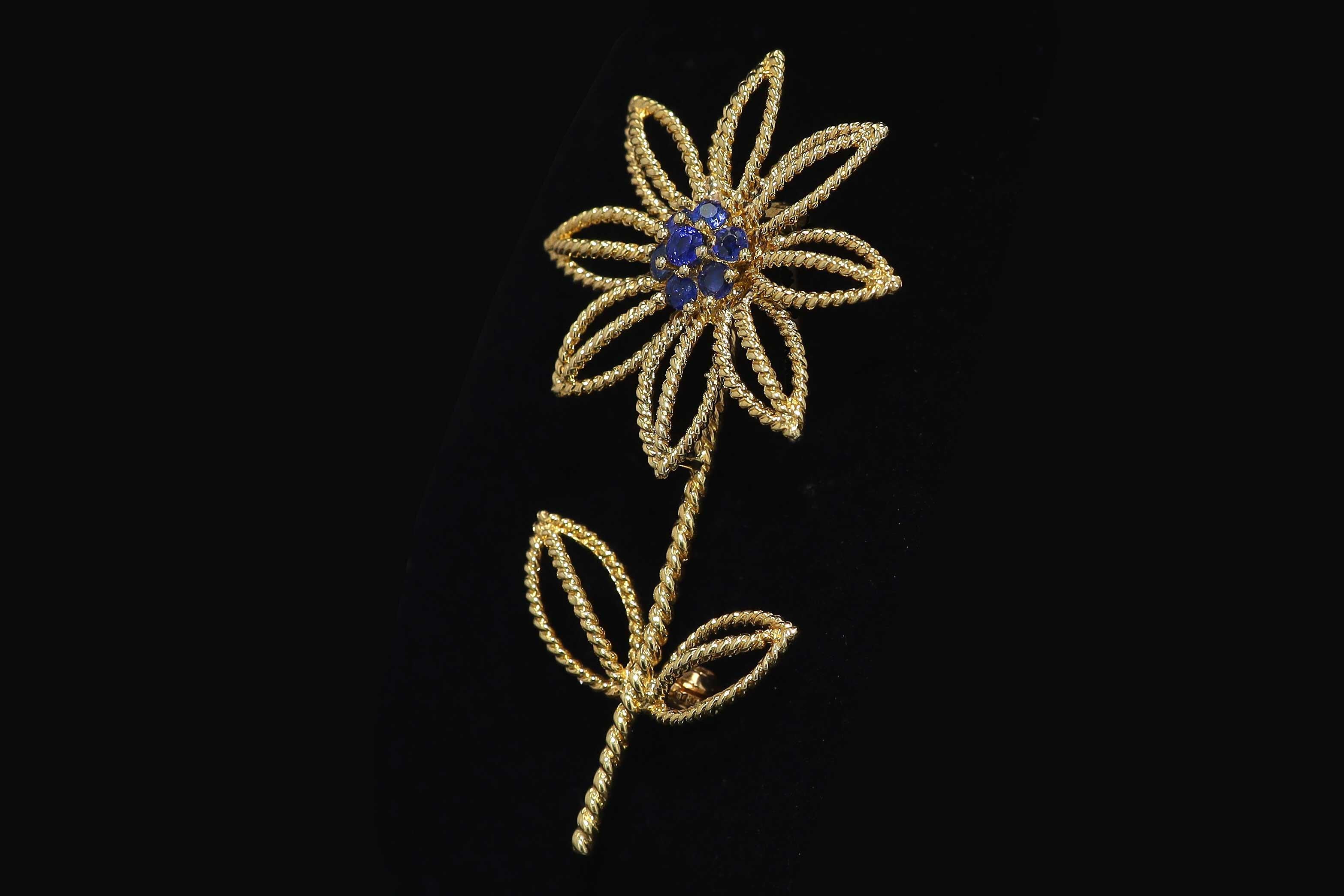 Tiffany and Co. 18K Gold and Sapphire Flower Brooch at 1stDibs