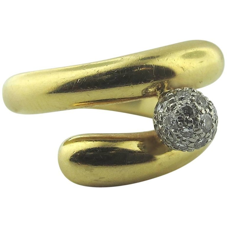 Signed Tiffany and Co. 18 Karat Yellow Gold Cross over Ring with Pave ...