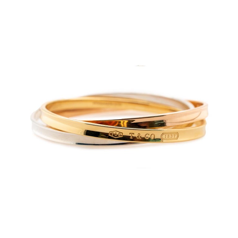 Signed Tiffany and Co 1837 Three Tone Interlock Bangle Bracelet For ...