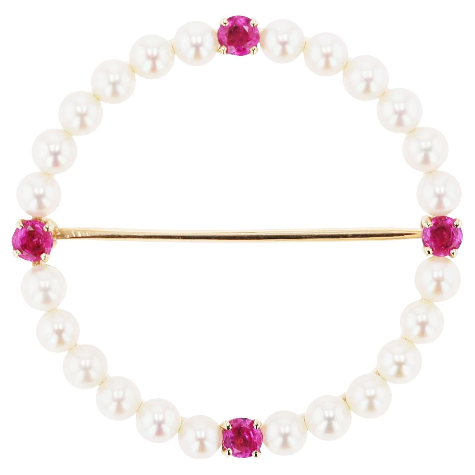 Signed Tiffany and Co Pearl and Pink Sapphire Vintage Circle Pin at 1stDibs