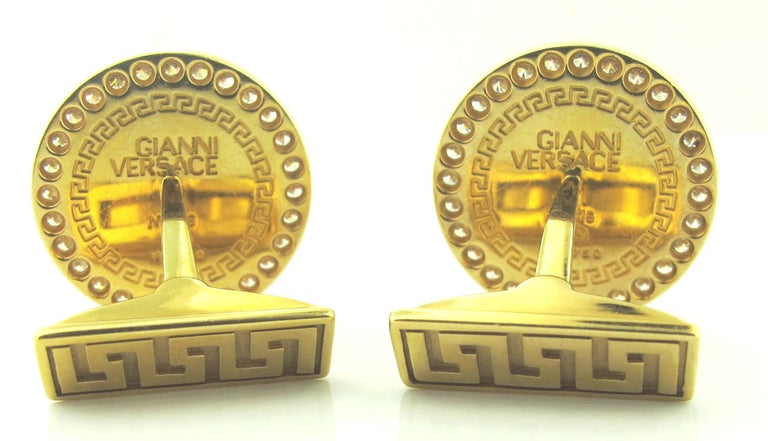 Signed "Versace" 18 Karat Yellow Gold and Diamond Cuff Links at 1stDibs