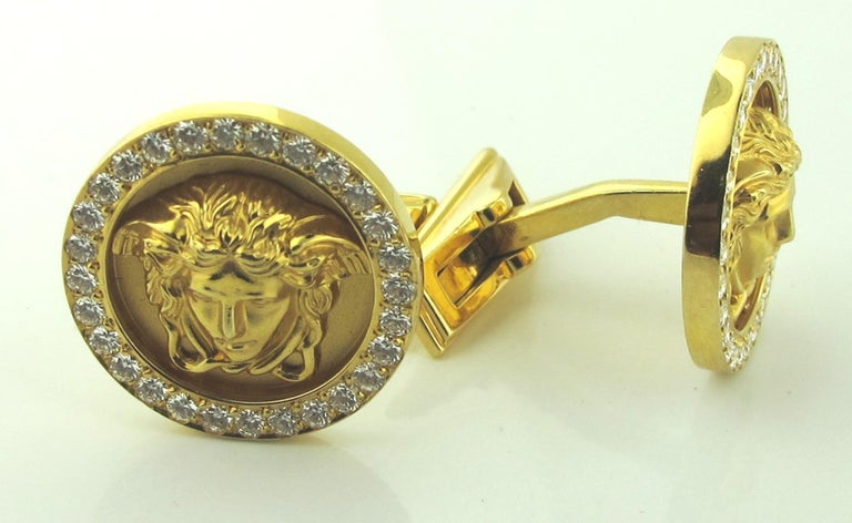 Signed "Versace" 18 Karat Yellow Gold and Diamond Cuff Links at 1stDibs