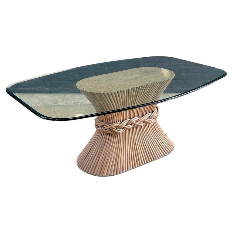 Signed Vintage Boho Rattan Sheaf of Corn Dining Table with Glass Top by ...