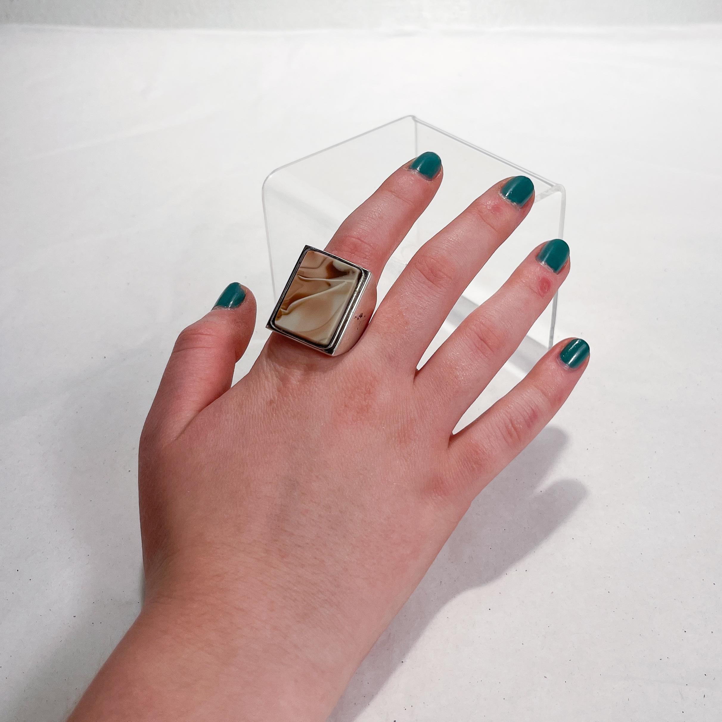 Signed Wesley Emmons Modernist Sterling Silver and Agate Signet Ring ...