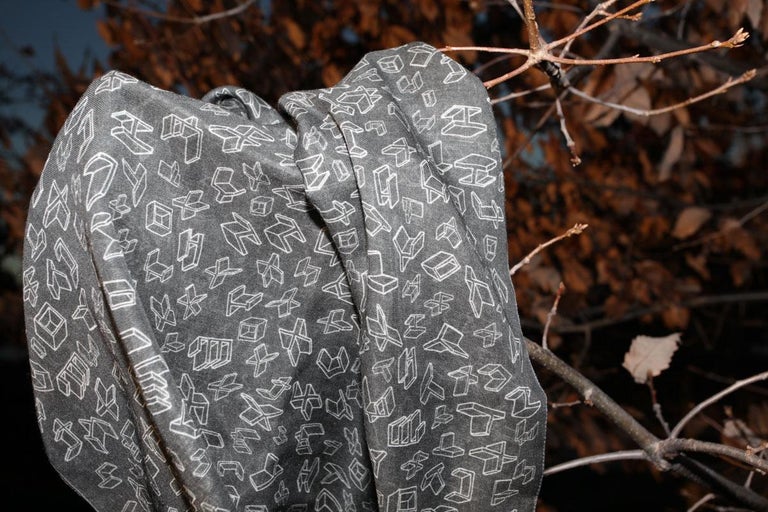 Silk and Wool Unisex Scarf, Gray with Geometric Drawings, Made in Italy ...