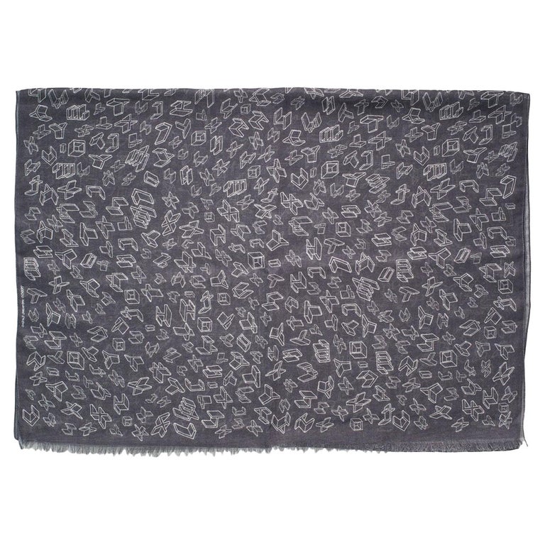 Silk and Wool Unisex Scarf, Gray with Geometric Drawings, Made in Italy ...