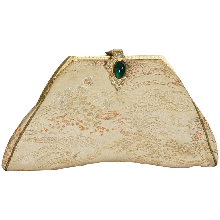 Silk Brocade Dance Purse with Emerald Cabochon Clasp, 1950s at 1stDibs