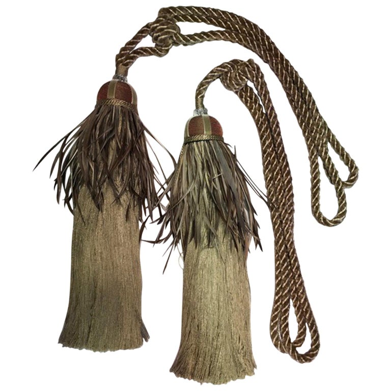 Pair Silk Curtains Tassels Bronze Color with Crystal and Faux Feathers ...