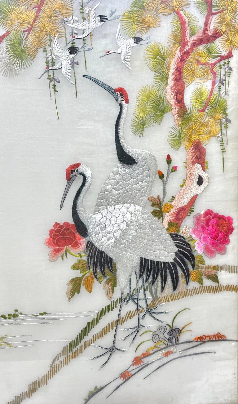 Silk Embroidered Pictures Depicts a Pair of Crane Birds in an Outdoor ...
