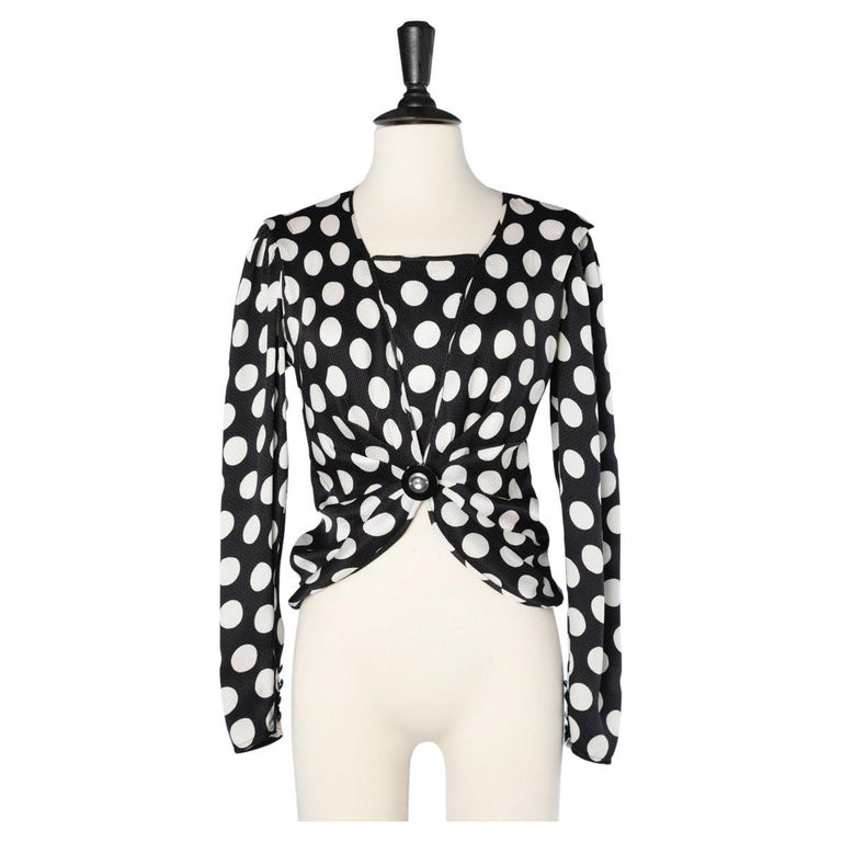 Silk jacquard black&white Polka dots top with rhinestone button Emanuel ...