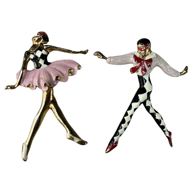SILSON Gold Emaille Paar Harlekin Columbian Masked Ballet Dancers Pins ...