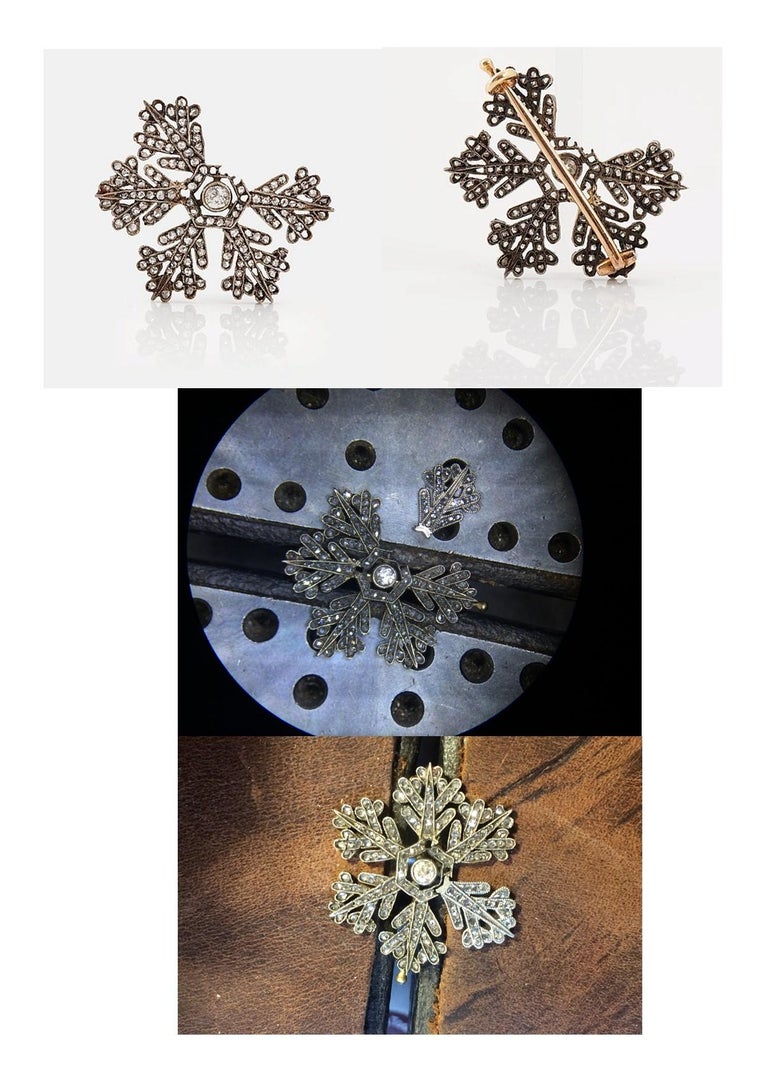 Silver and 14 Karat Yellow Gold Fabergé Diamond Snowflake Brooch at ...