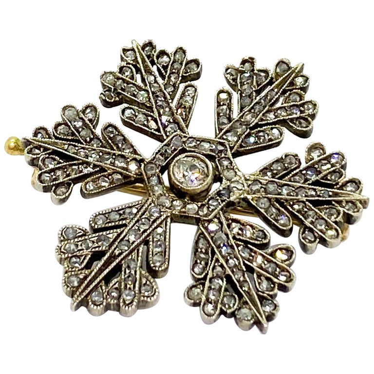 Silver and 14 Karat Yellow Gold Fabergé Diamond Snowflake Brooch at 1stDibs