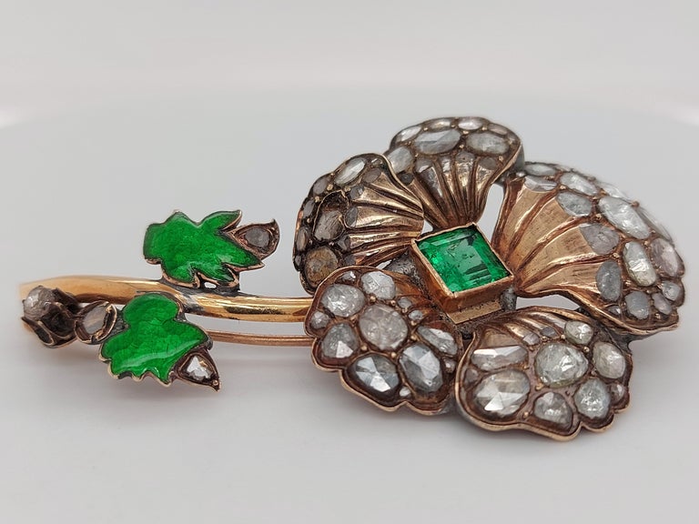 Silver and 14kt Gold Flower Brooch, Rose Cut Diamonds, Colombia Emerald ...