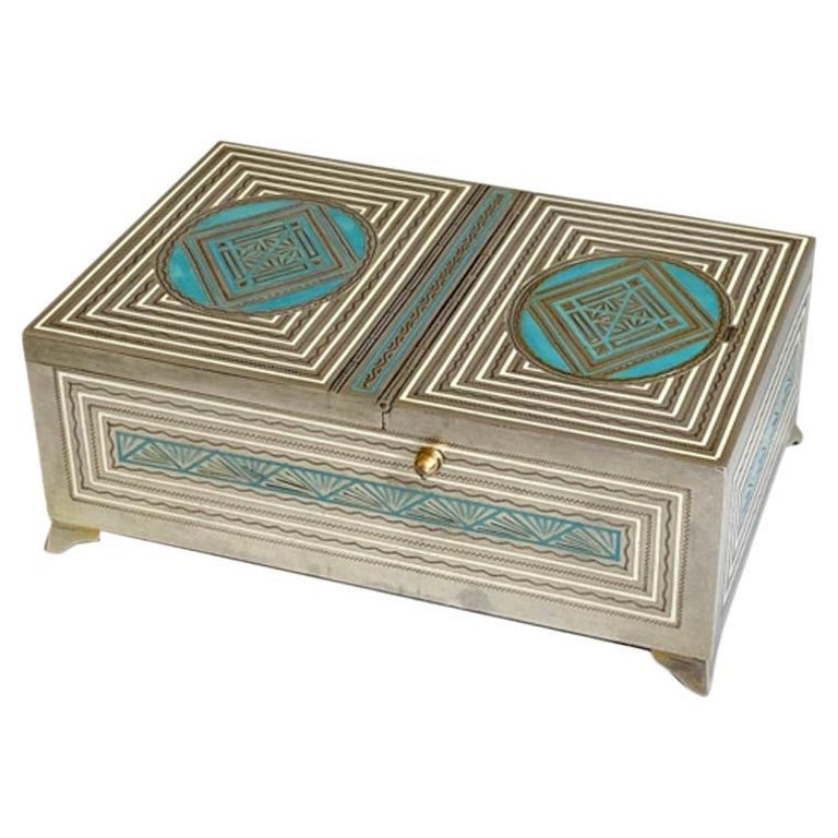 Silver and enamel Art Deco musical cigarette and singing bird box For ...
