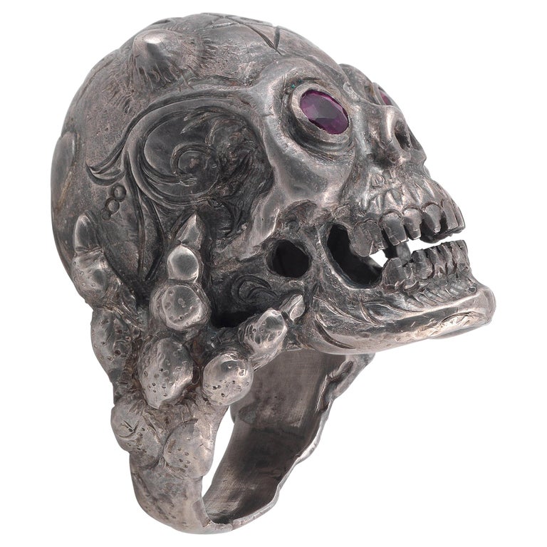 Silver and Garnet Eyes Devil Skull Men's Ring For Sale at 1stDibs