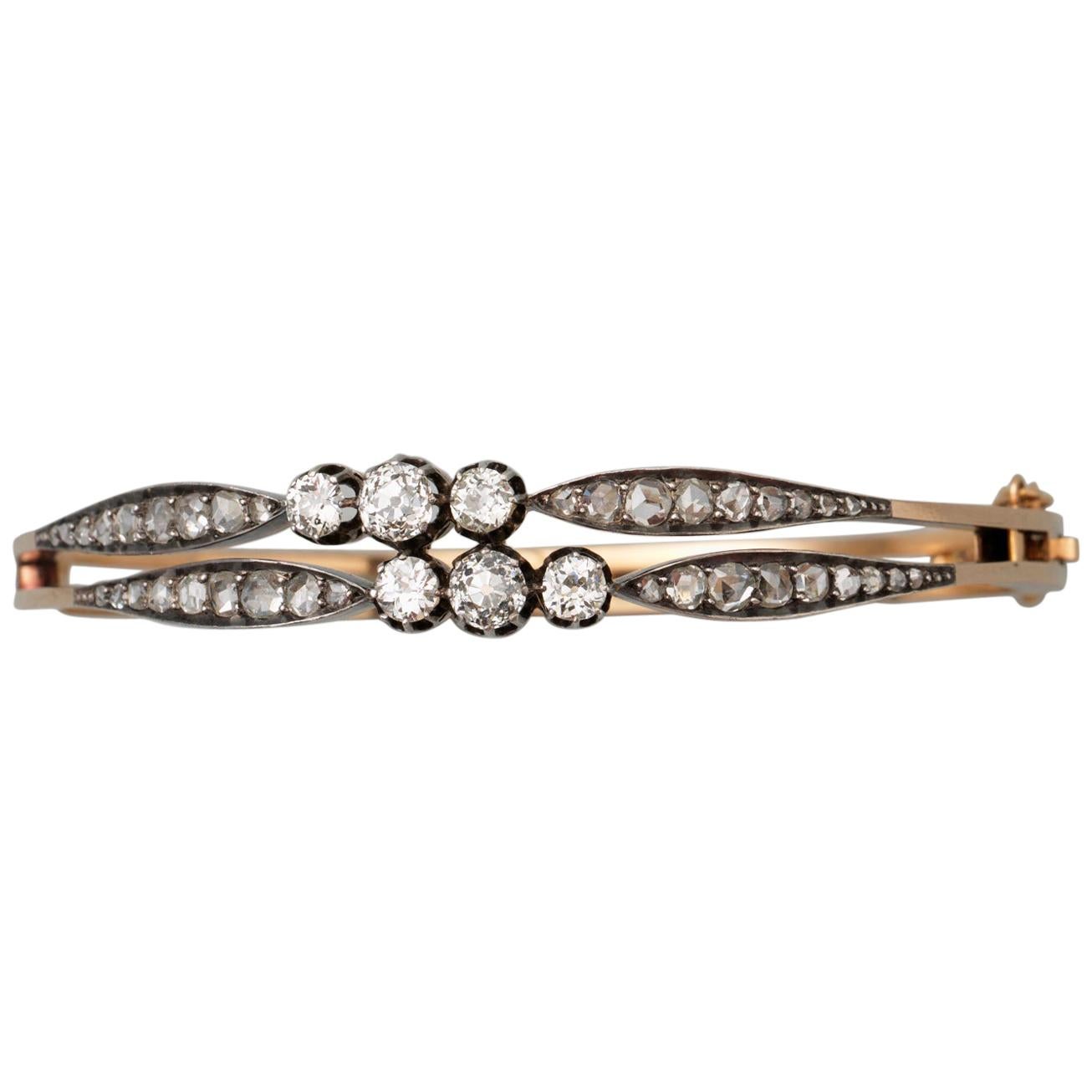 Silver and Gold and Old Cut Diamond Victorian Bangle at 1stDibs
