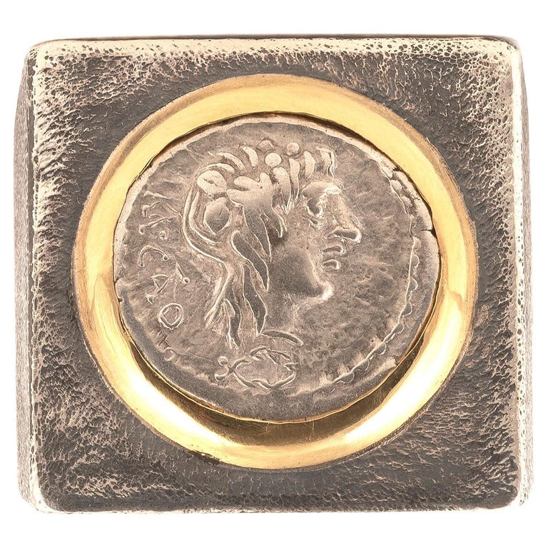 Silver and Gold Men's Ring Set with a Roman Quinarius Coin For Sale at ...