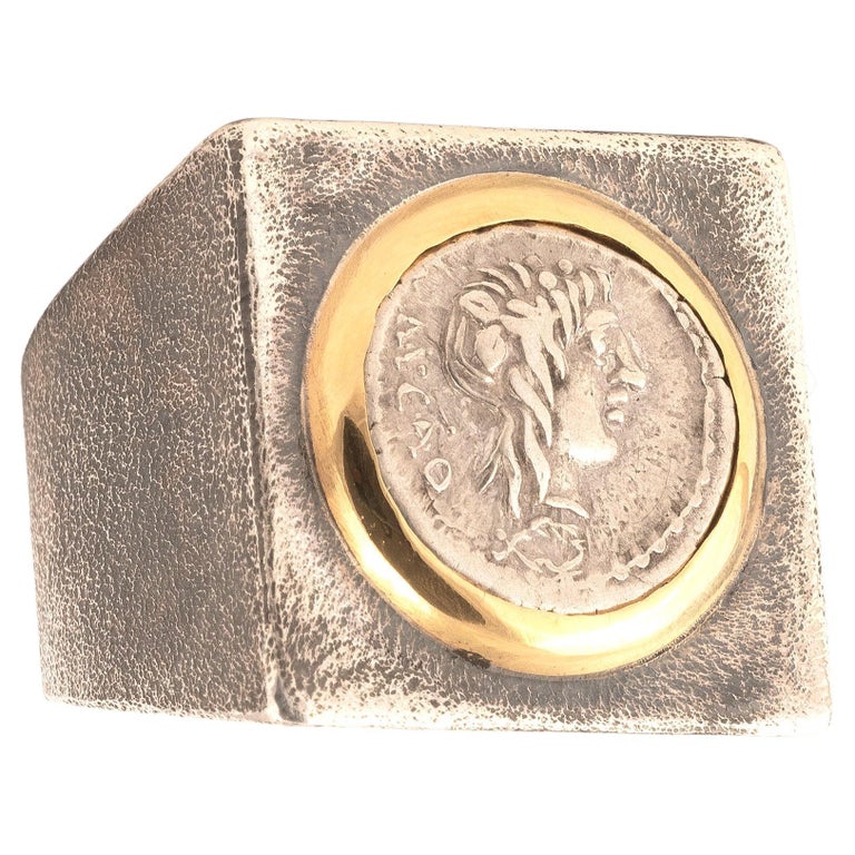 Silver and Gold Men's Ring Set with a Roman Quinarius Coin For Sale at ...