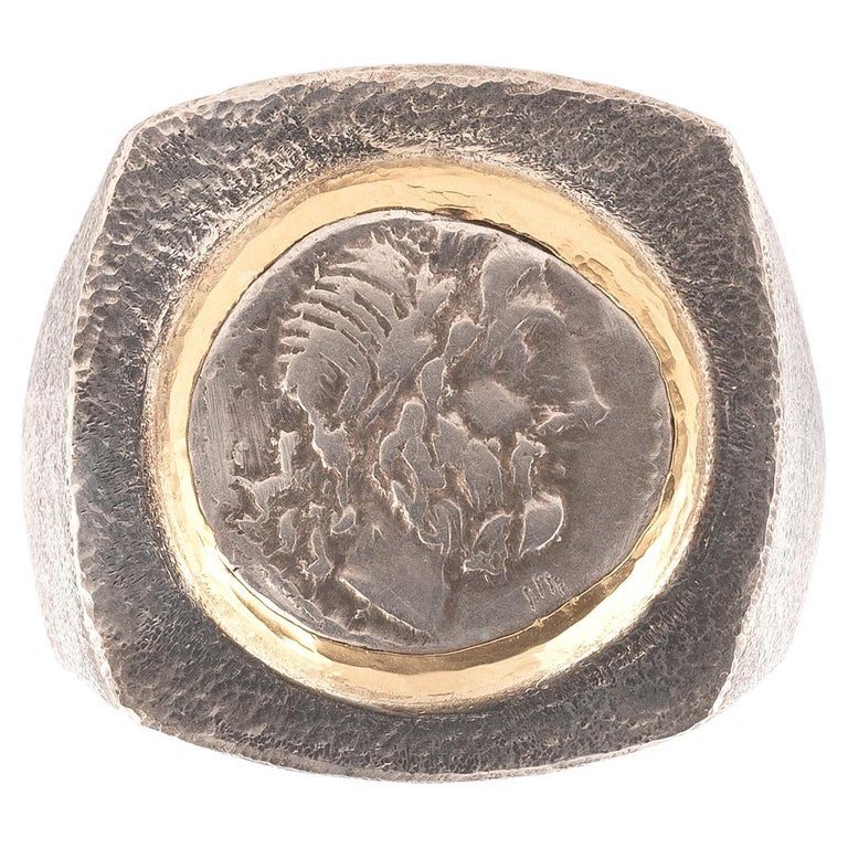 Silver and Gold Men's Ring Set with a Roman Quinarius Coin at 1stDibs