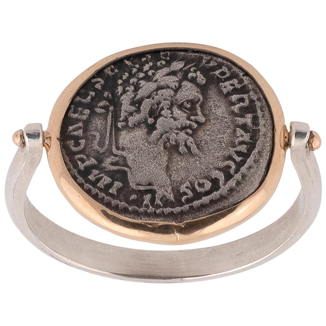 Silver and Gold Swivel Ring Set with a Roman Coin at 1stDibs