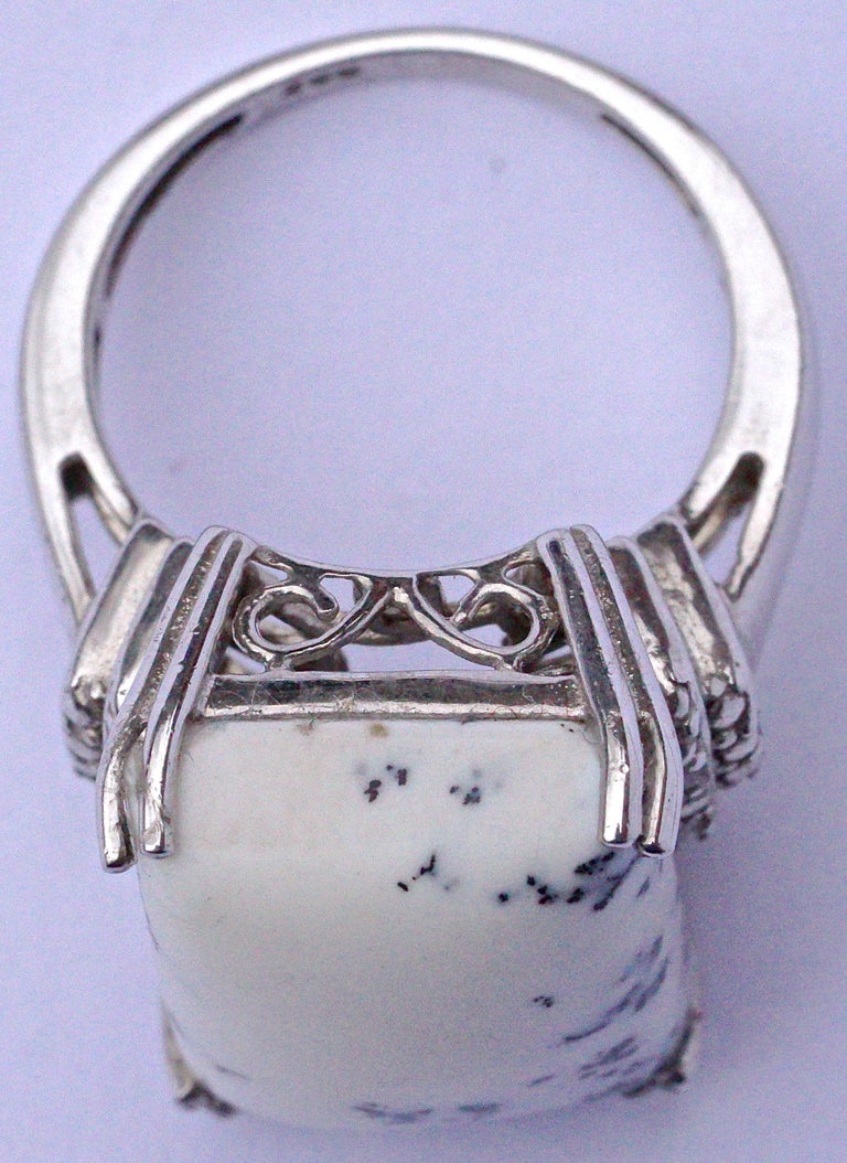 Silver and Merlinite White Moss Agate Ring with Clear Rhinestones ...