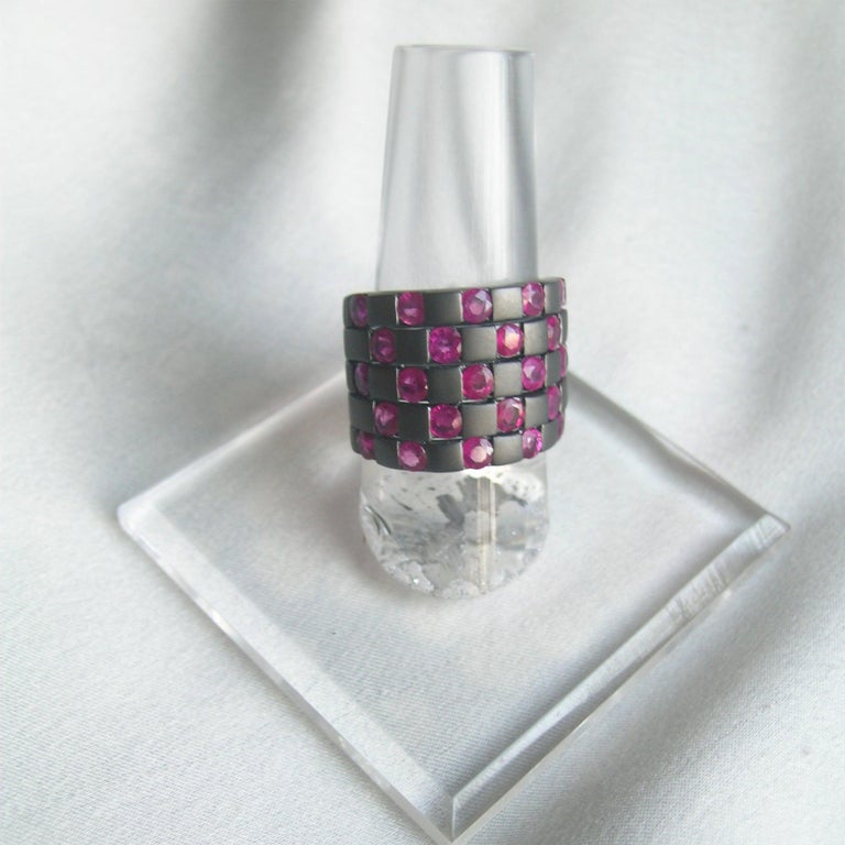 Customizable Silver and Ruby Checker Band Ring For Sale at 1stDibs