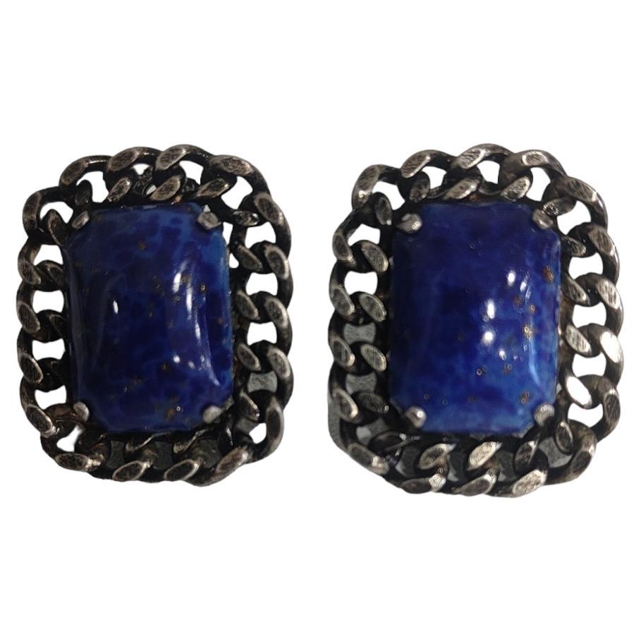 Silver Blue Stone clip-on earrings For Sale at 1stDibs