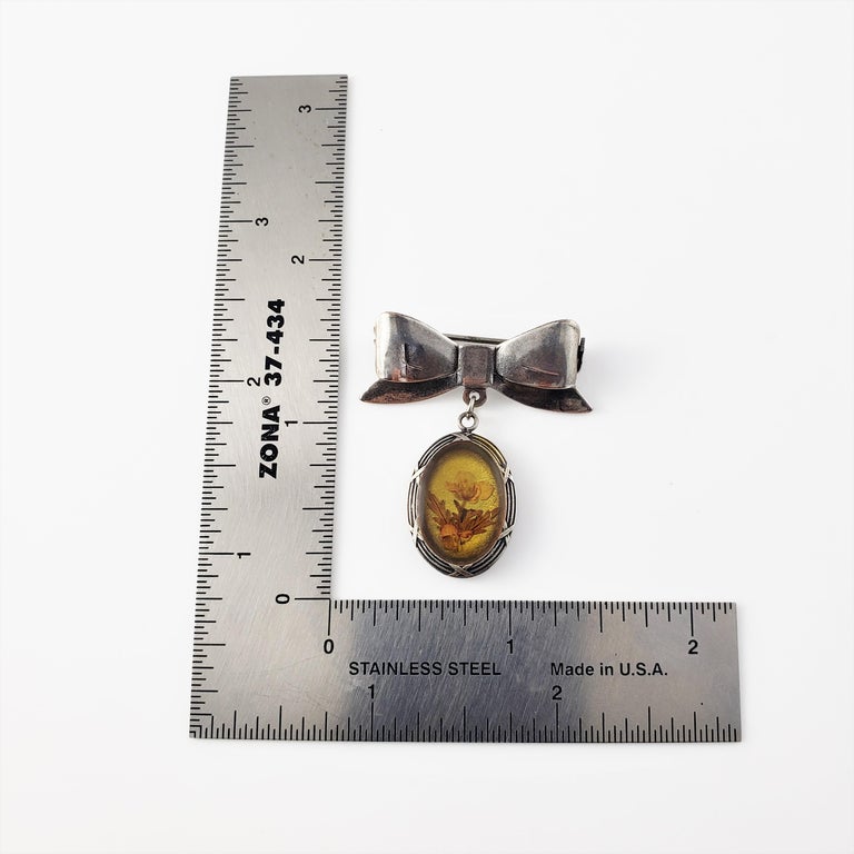 Silver Bow Pin with Reverse Painted Flower Oval Pendant For Sale at 1stDibs