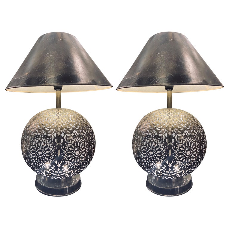 Silver Brass Filigree Moroccan Table Lamp, with Bottom and Upper Lights ...