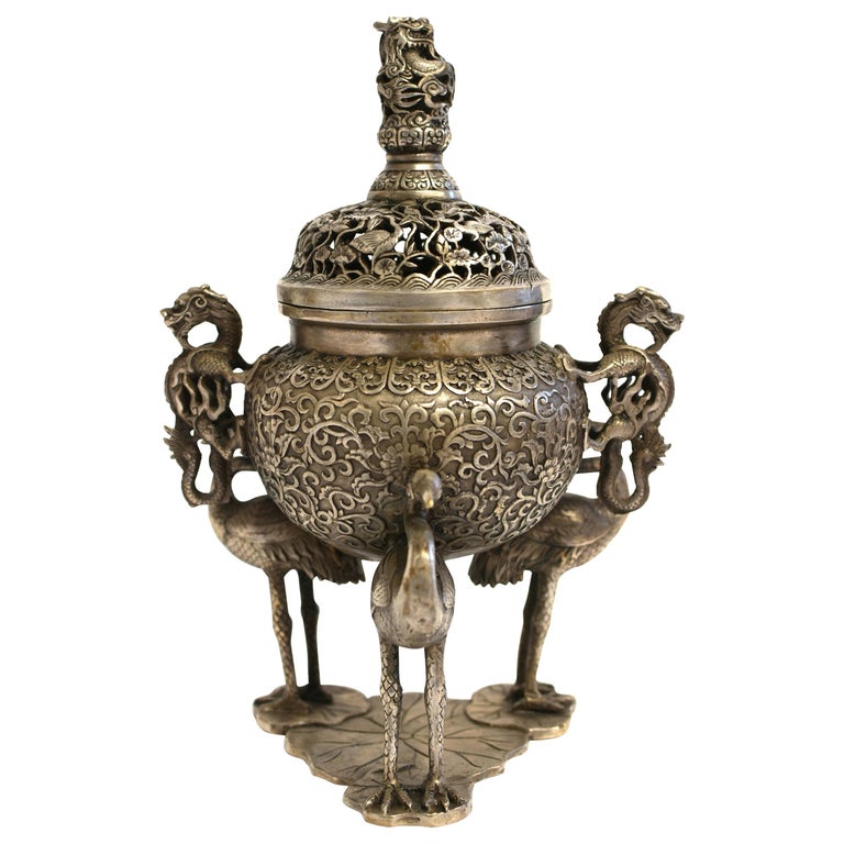 Silver Bronze Censer with Dragons and Egrets at 1stDibs